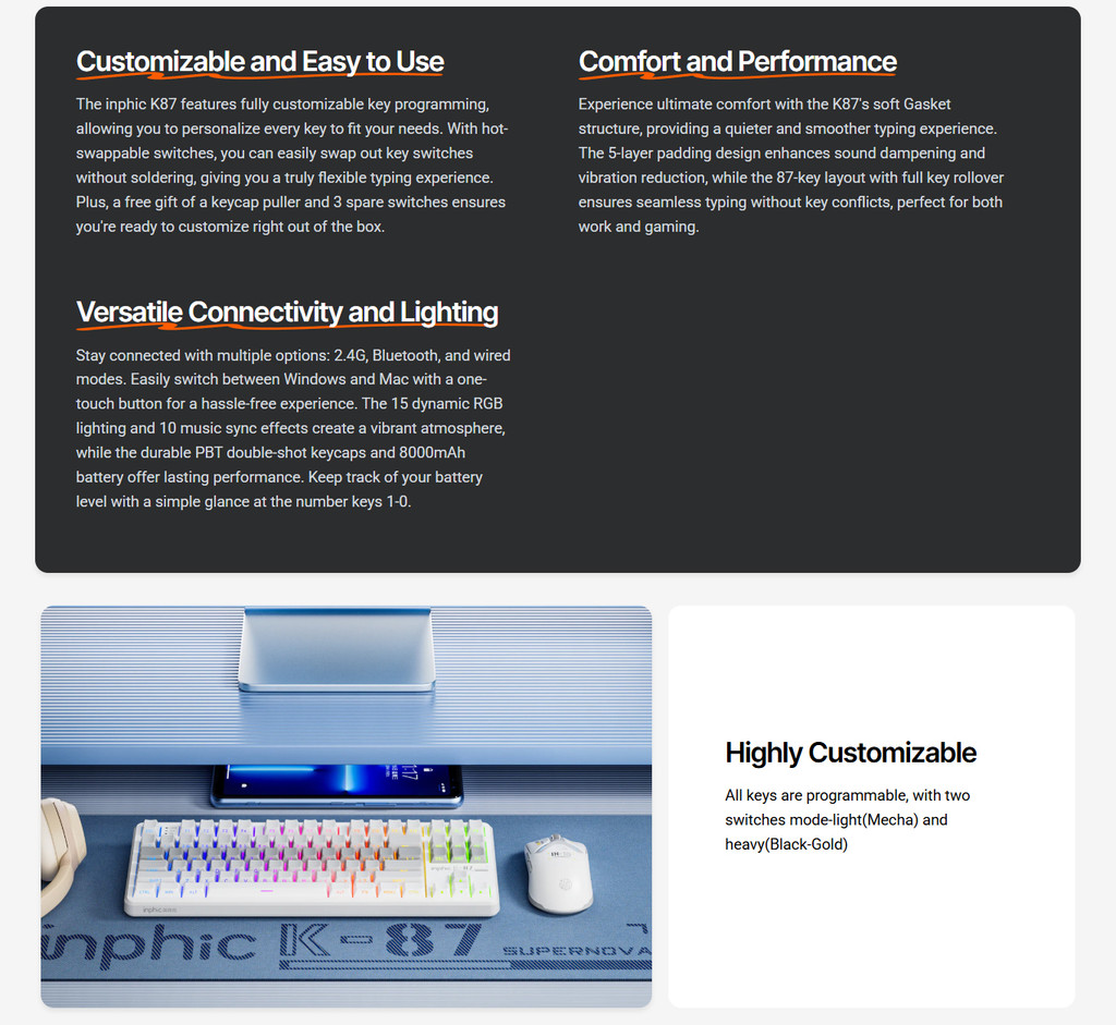 INPHIC K87 Wireless Mechanical Keyboard: 3-Mode Connection, Hot-Swappable, Quiet Typing, 8000mAh ...