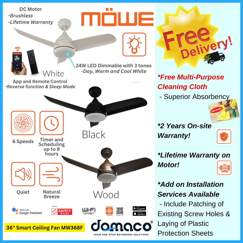 Mowe Atlas MW368F 36" DC Smart Ceiling Fan with 24W 3 Tone LED Light ...