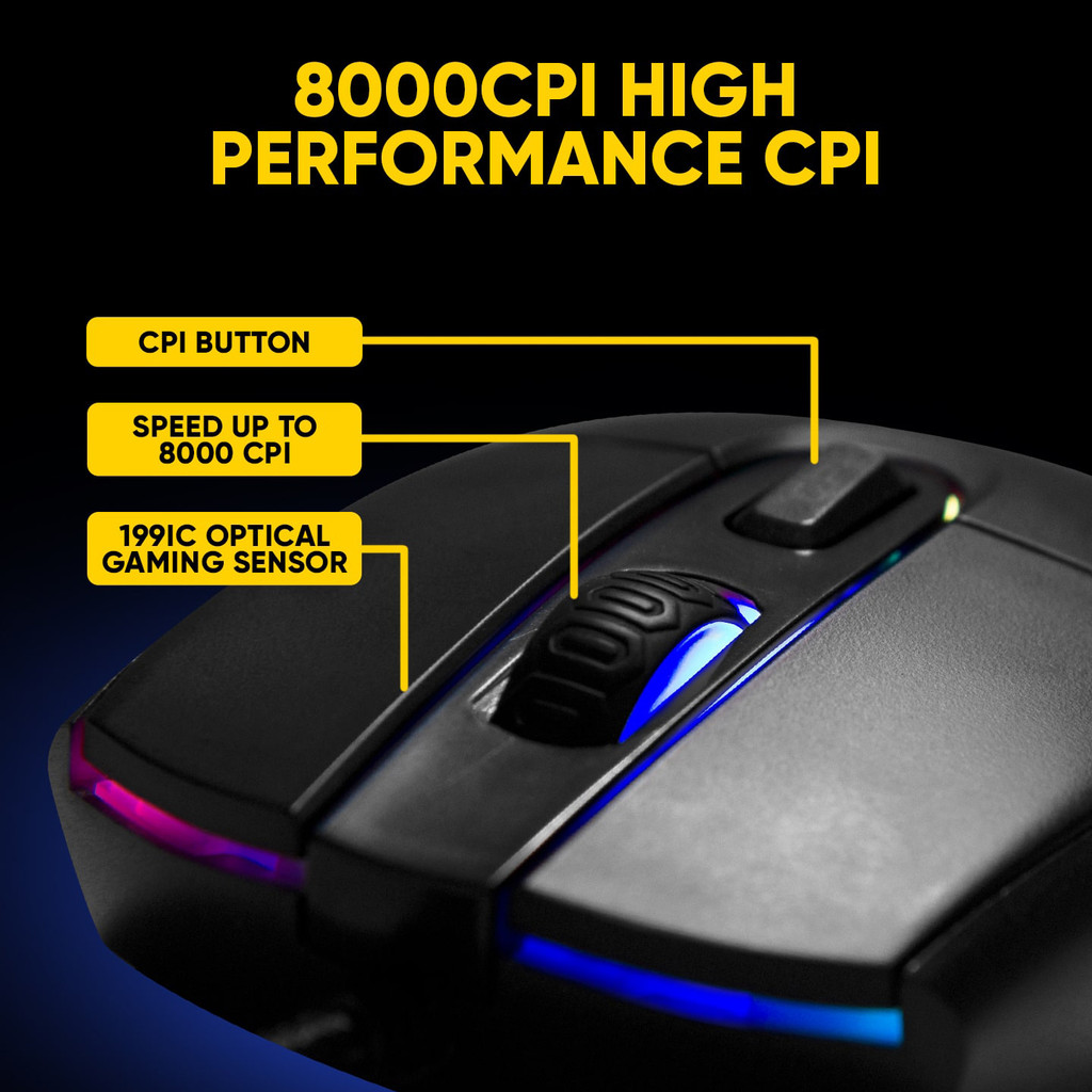 Armaggeddon Raven 3 Stealth 8000 CPI Wired Silent RGB Gaming Mouse ...