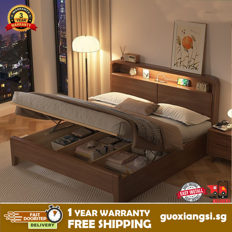 Ssr Bed Nordic Walnut Wooden Bed Frame Storage Bed Frame Solid Wood Bed ...