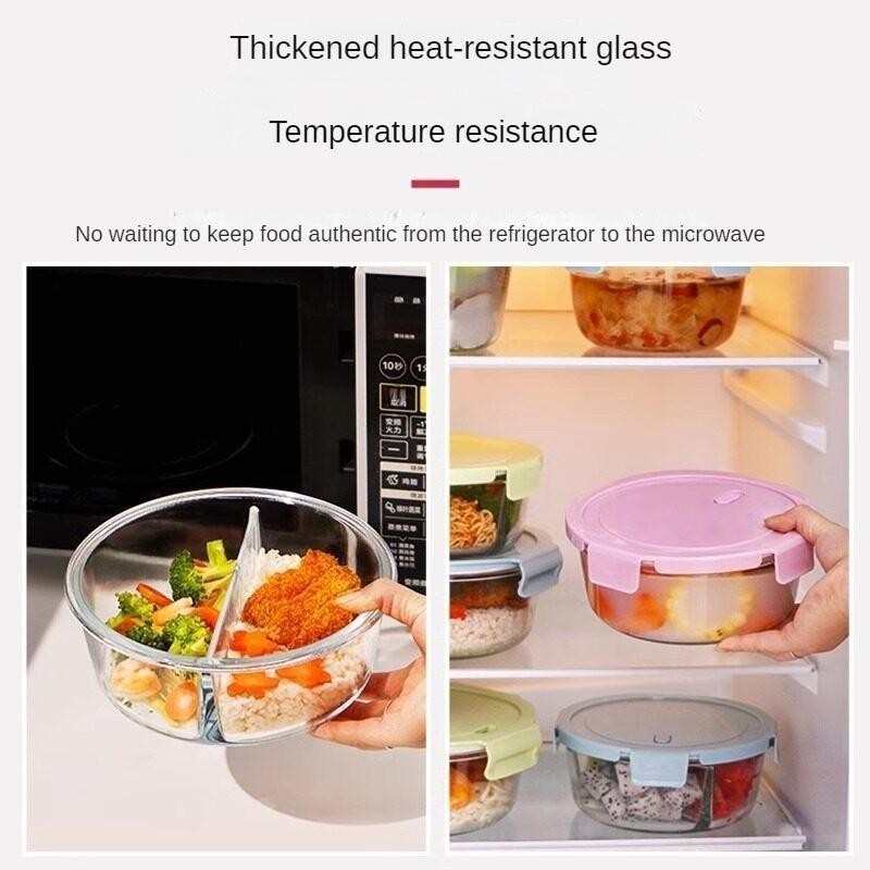 Circle Glass Lunch Box Safe Microwave Fresh Food Contain Bento Lunch ...