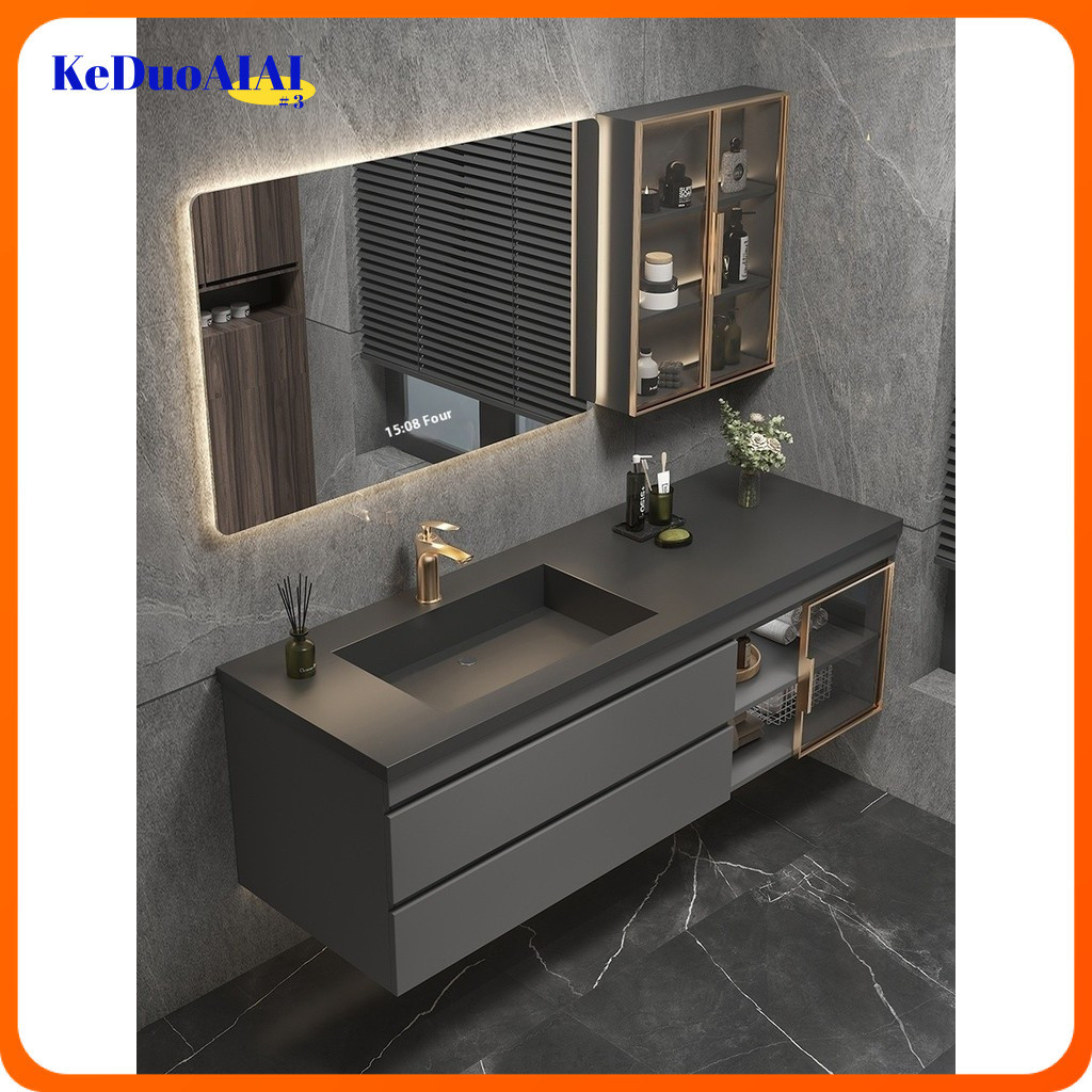 Luxury Vanity Cabinet Rock Light Slab Integrated Basin Bathroom Cabinet ...