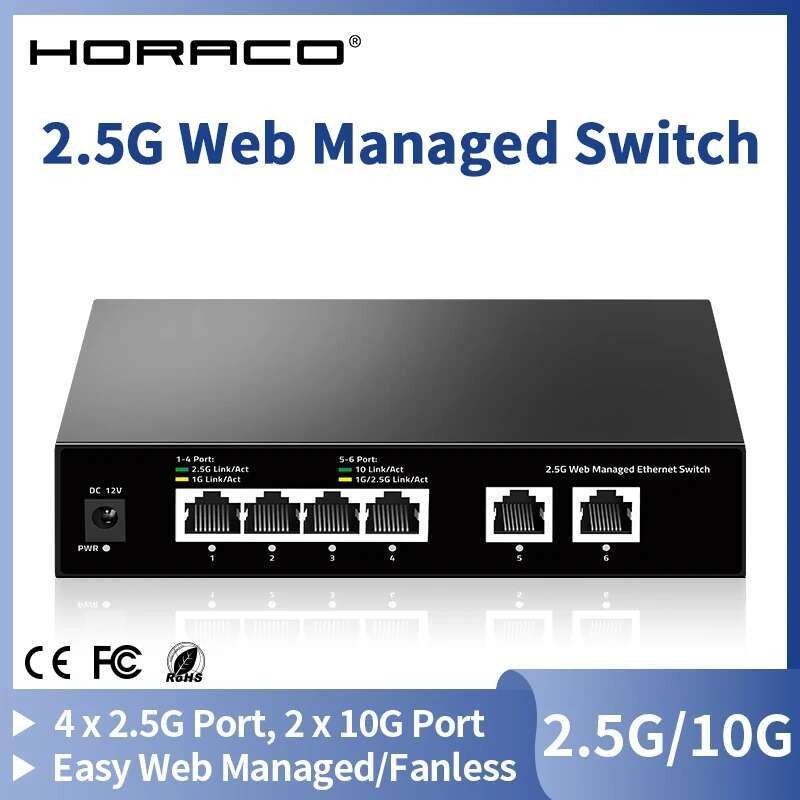 HORACO 2.5G Web Managed Switch 4 Port 2500Mbps and 2 Port 10G Smart ...
