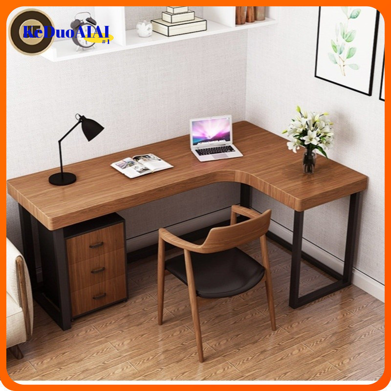 Wood Office Solid Table L-Shaped Computer Desk Iron Art Desktop ...