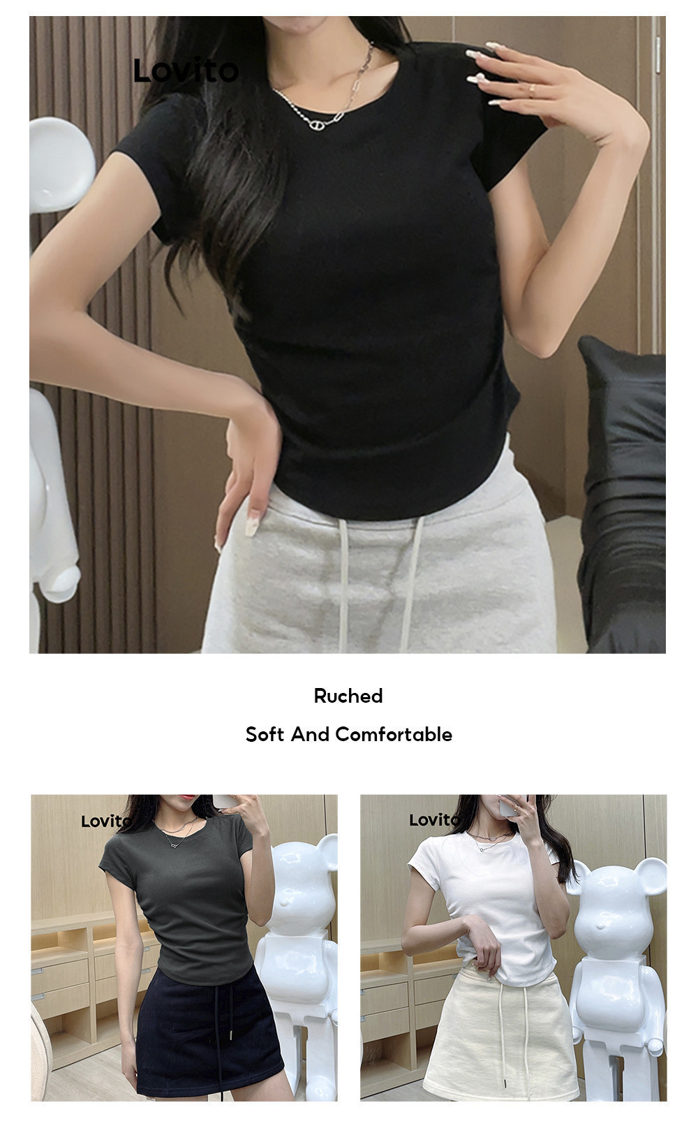 Lovito Casual Summer/Spring T-Shirt Plain Ruched Summer T-Shirt for ...