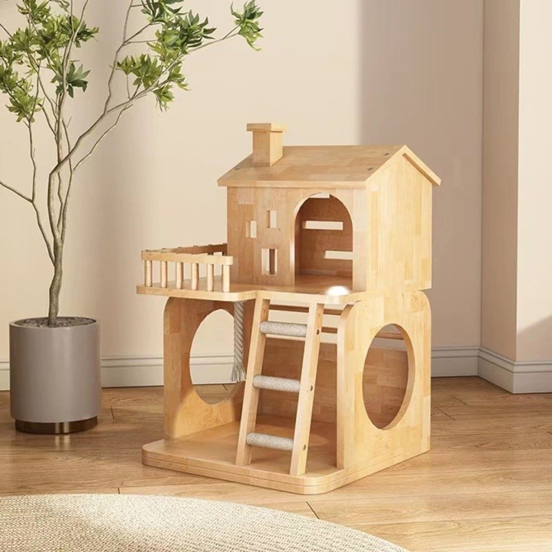 Solid wood cat climbing frame nest shelter house wooden cat tree ...