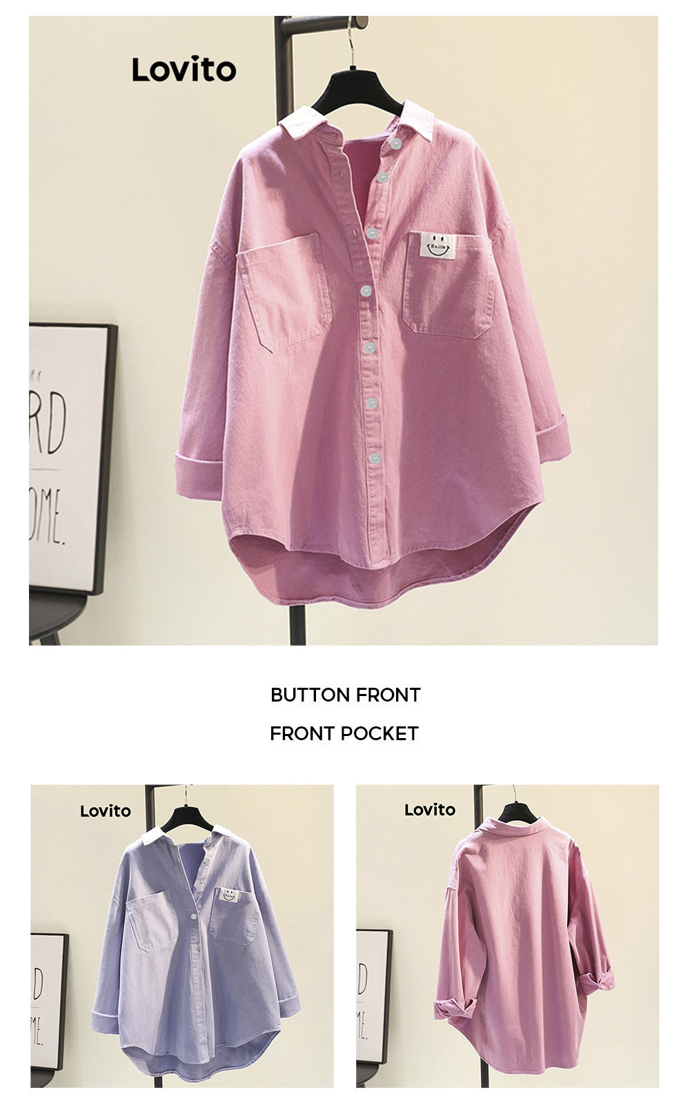Lovito Casual Blouse Plain Button Front Pocket Blouse for Women ...
