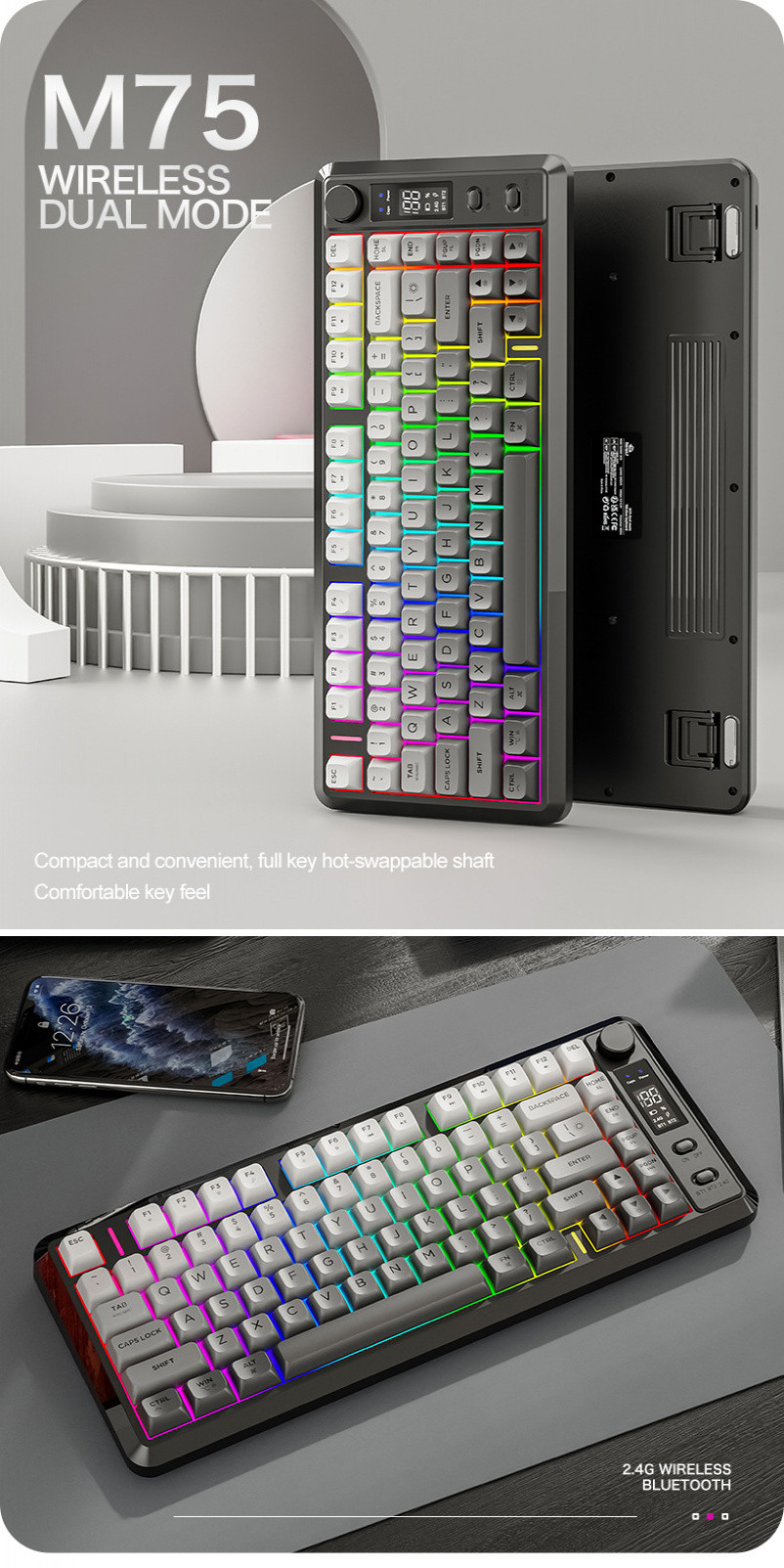 ZIYOULANG M75 Wireless Bluetooth Dual-Mode Mechanical Feel Keyboard PBT ...