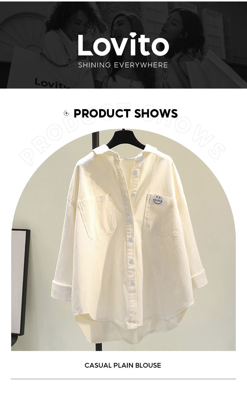 Lovito Casual Blouse Plain Button Front Pocket Blouse for Women ...