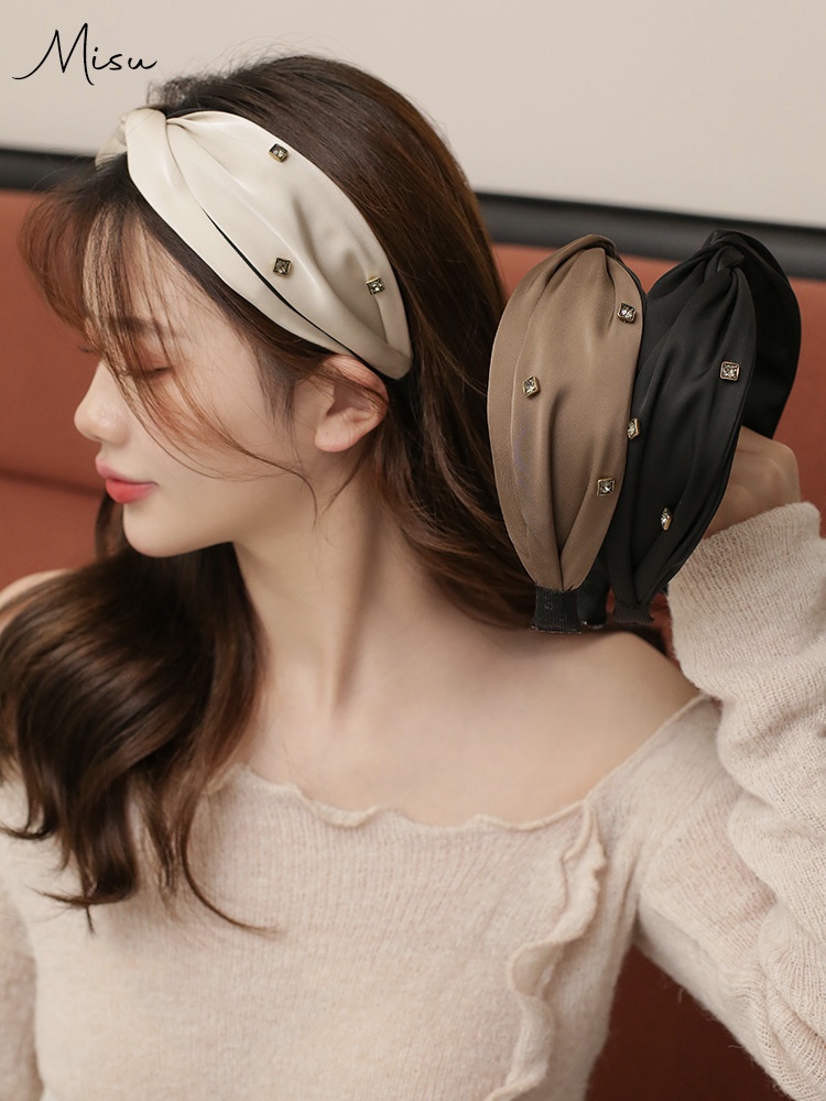 French Retro Satin Rivet Diamond Headband for Girls Wide-brimmed Fabric ...