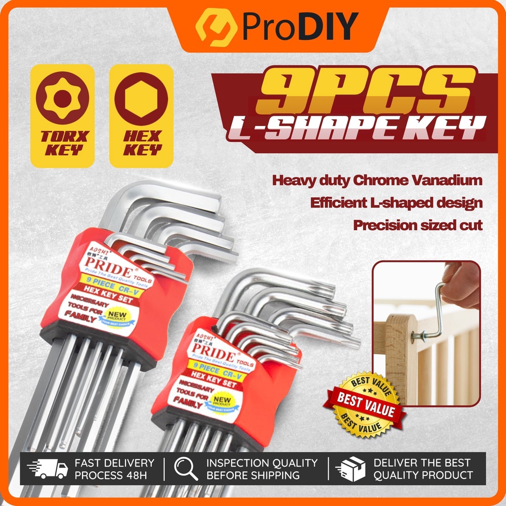 PRIDE 9pcs Extra Long Hex Key Torx Allen Star Key Ball End CRV Chrome ...