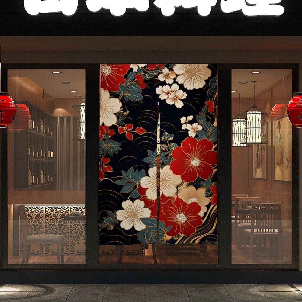 Japanese Floral Noren Door Curtain - Japanese Traditional Pattern Room ...