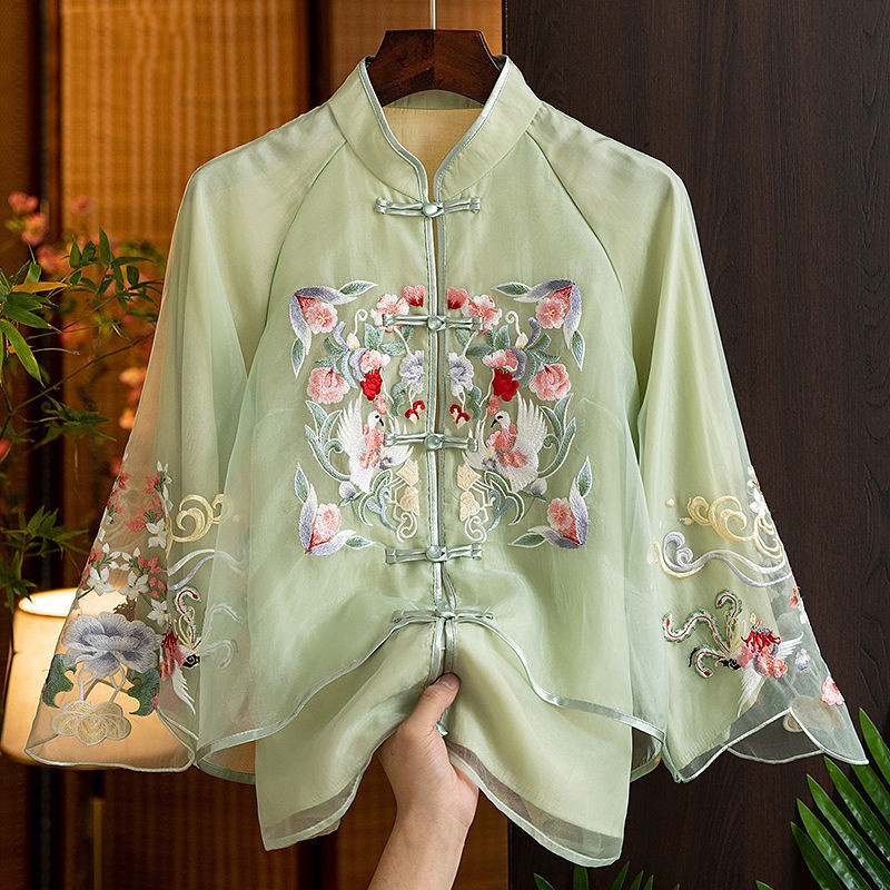 Women Tops Embroidered Shirt New Vintage Button Chinese Style Improved ...