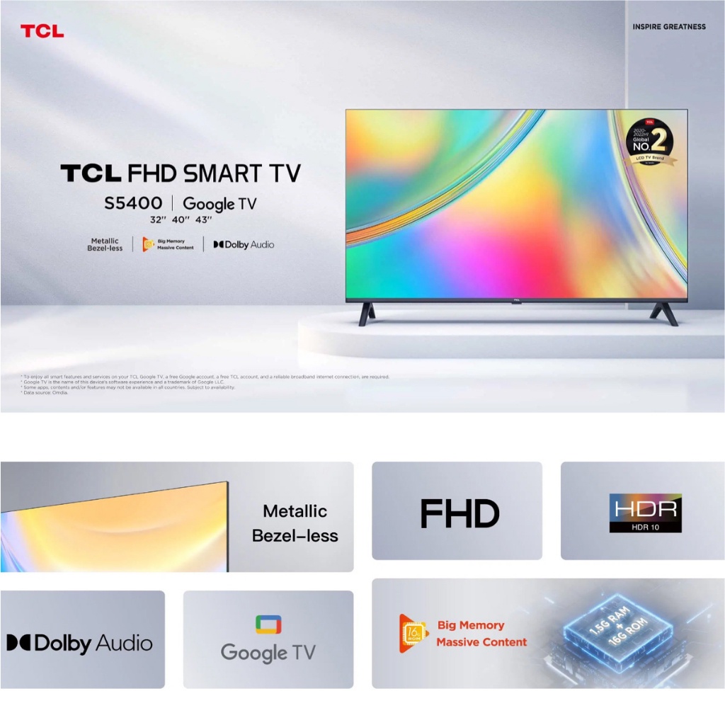 New | TCL S5400 Full HD Google TV 32 40 43 inch | LED Smart TV | Dolby ...