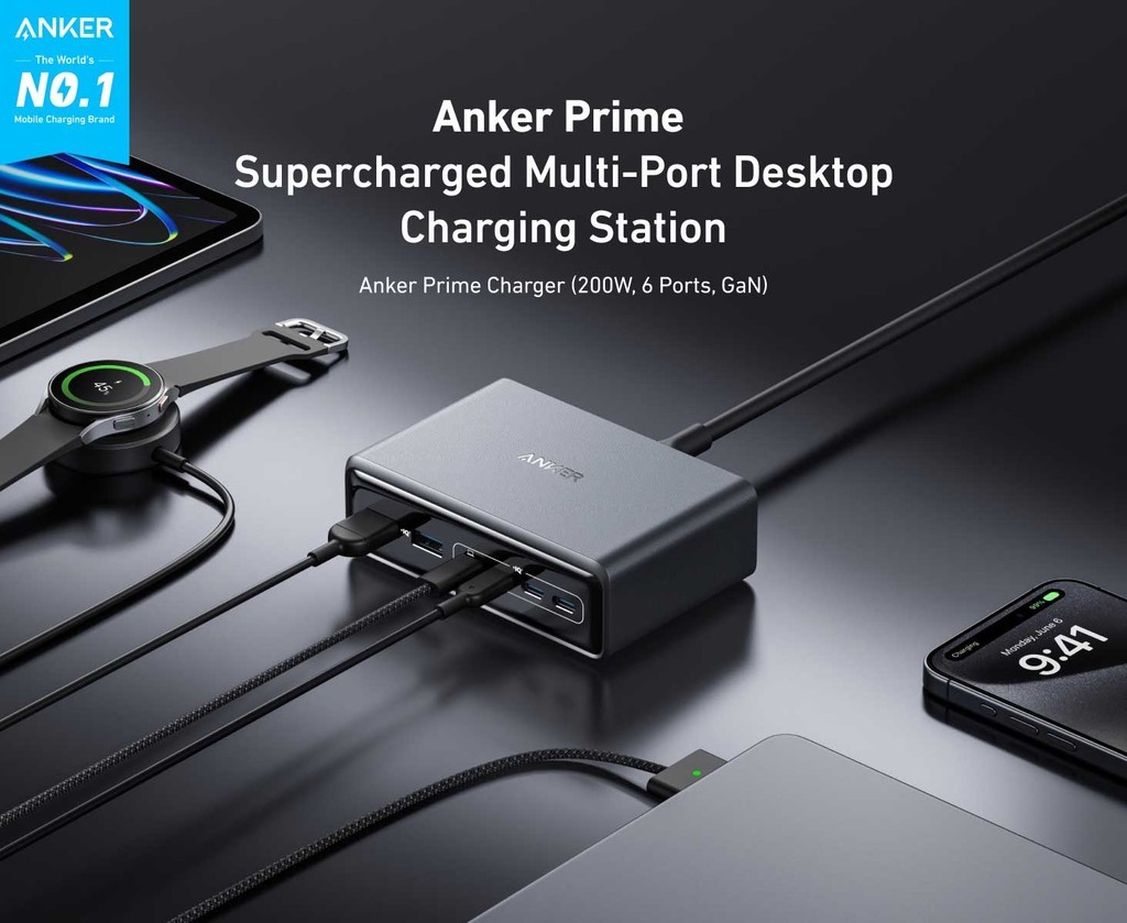 Anker Prime Charger 200W Fast Charging Station 6-Port GaN USB C Charger ...