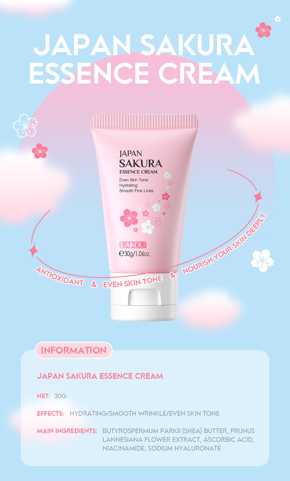 LAIKOU Japan Sakura Essence Cream Brighten Skin Hydrating Reduce Anti ...