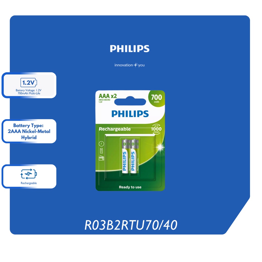 Philips R03B2RTU70/40 Multilife Rechargeable Battery 2AAA 700mAh Nickel ...