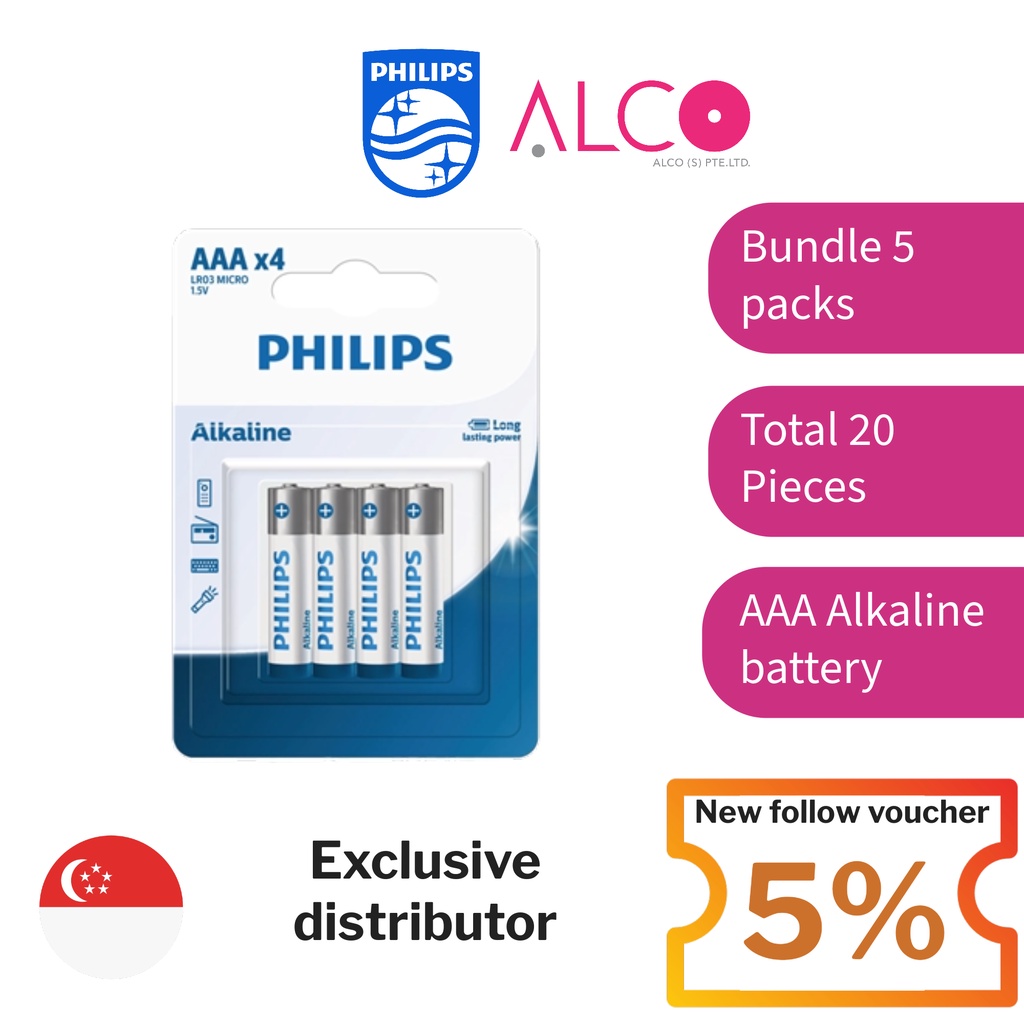 [Bundle 5xpacks] Philips (LR03A4B/40) 4AAA Entry Alkaline Battery ...