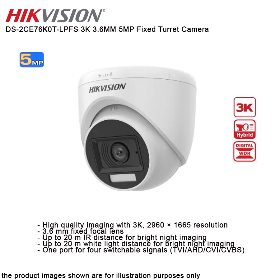 HIKVISION 3K 5MP 3.6mm Smart Hybrid Light Audio Indoor Fixed DOME CCTV Camera DS-2CE76K0T-LPFS ...
