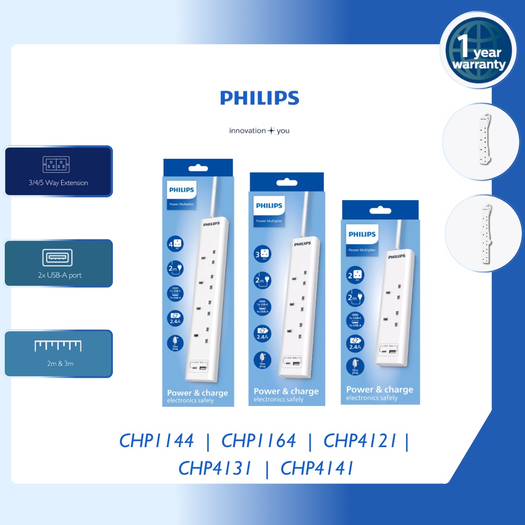 Philips Power Extension Socket with/without USB-C & USB-A 2.4A Max 2/3/4/6 Outlets 2 Meter Cable ...