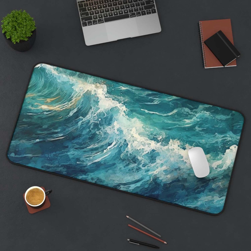 Ocean Wave Desk Mat Blue Dynamic Design - XL Mousepad Great for Work ...