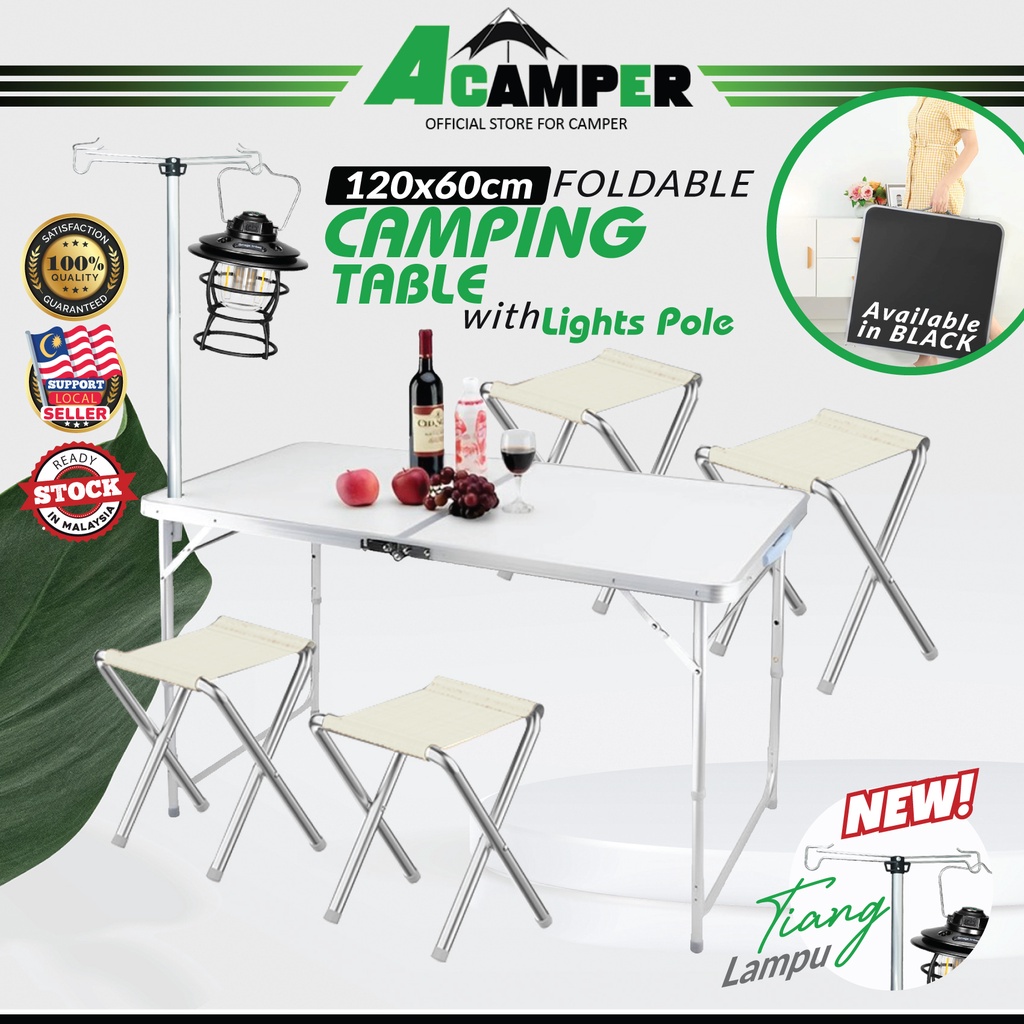 120 x 60CM Folding Camping Table with Light Pole Foldable Picnic Table ...