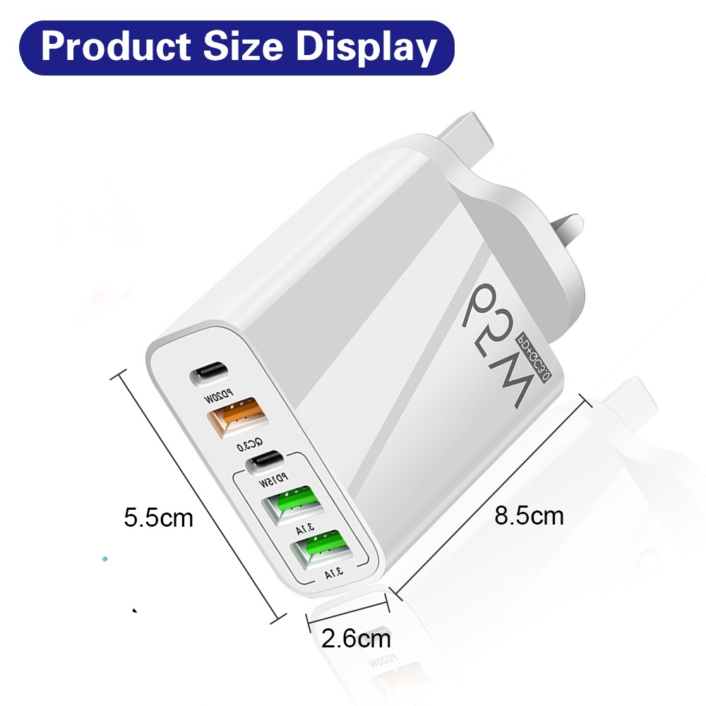 65W USB 3 Pin UK Plug Wall Charger 5-Port Fast Charging Block USB C ...