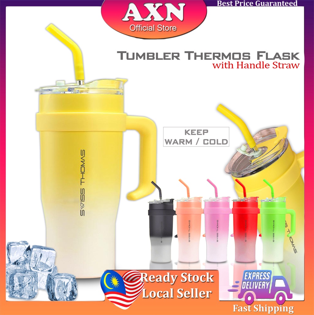Tumbler Thermos Flask with Handle Straw Mouth Opening Drink 1200mL ...