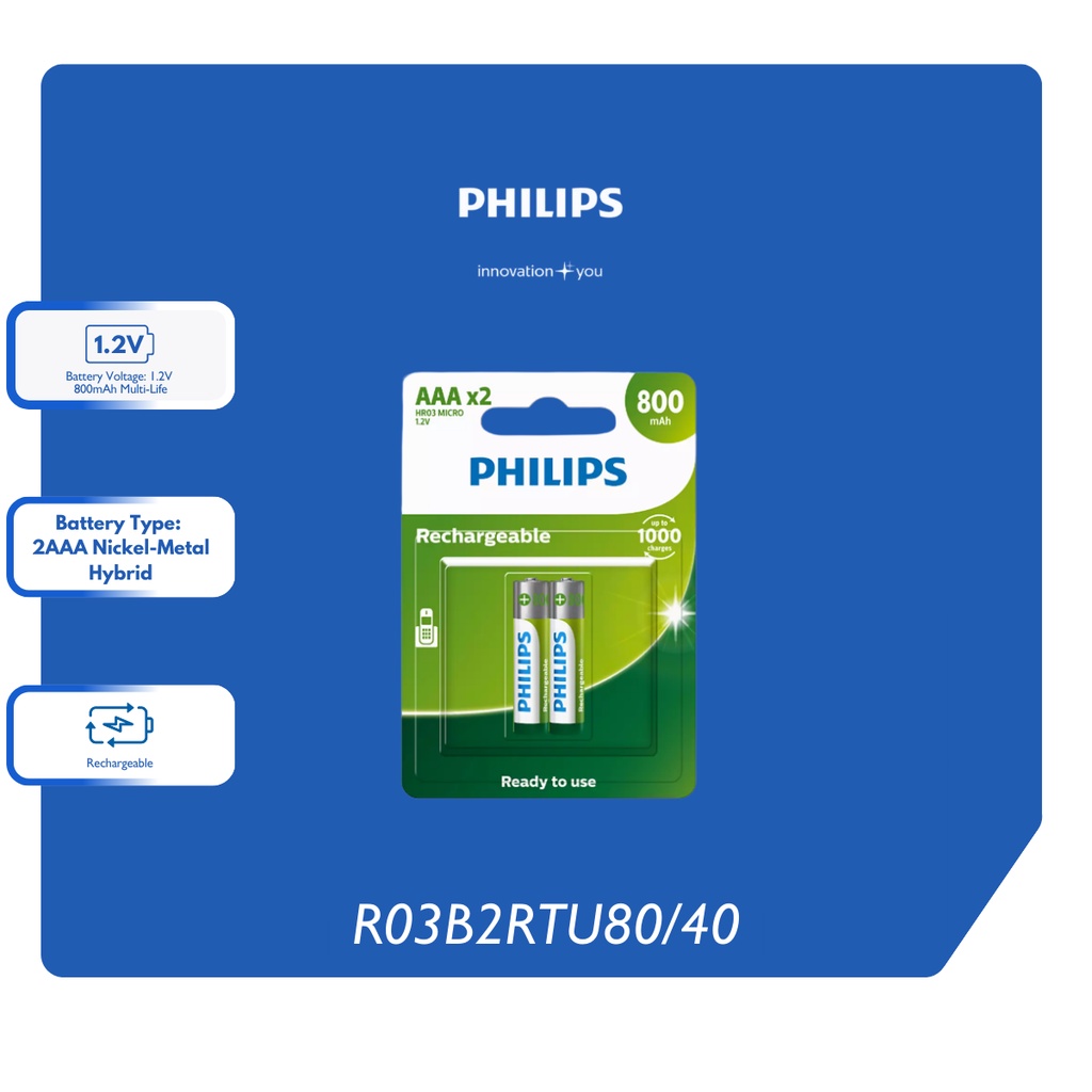 Philips (R03B2RTU80/40) Multilife NiMH Rechargeable Battery 2AAA 800mAh ...