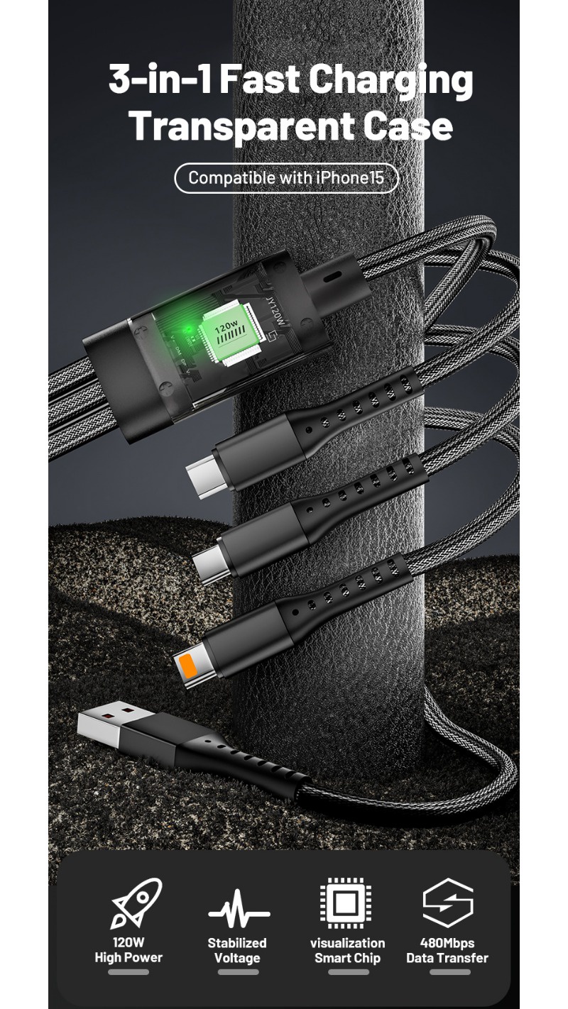 120W 3 in 1 Super Charging Cable Micro USB Type C Fast Charger Type C ...