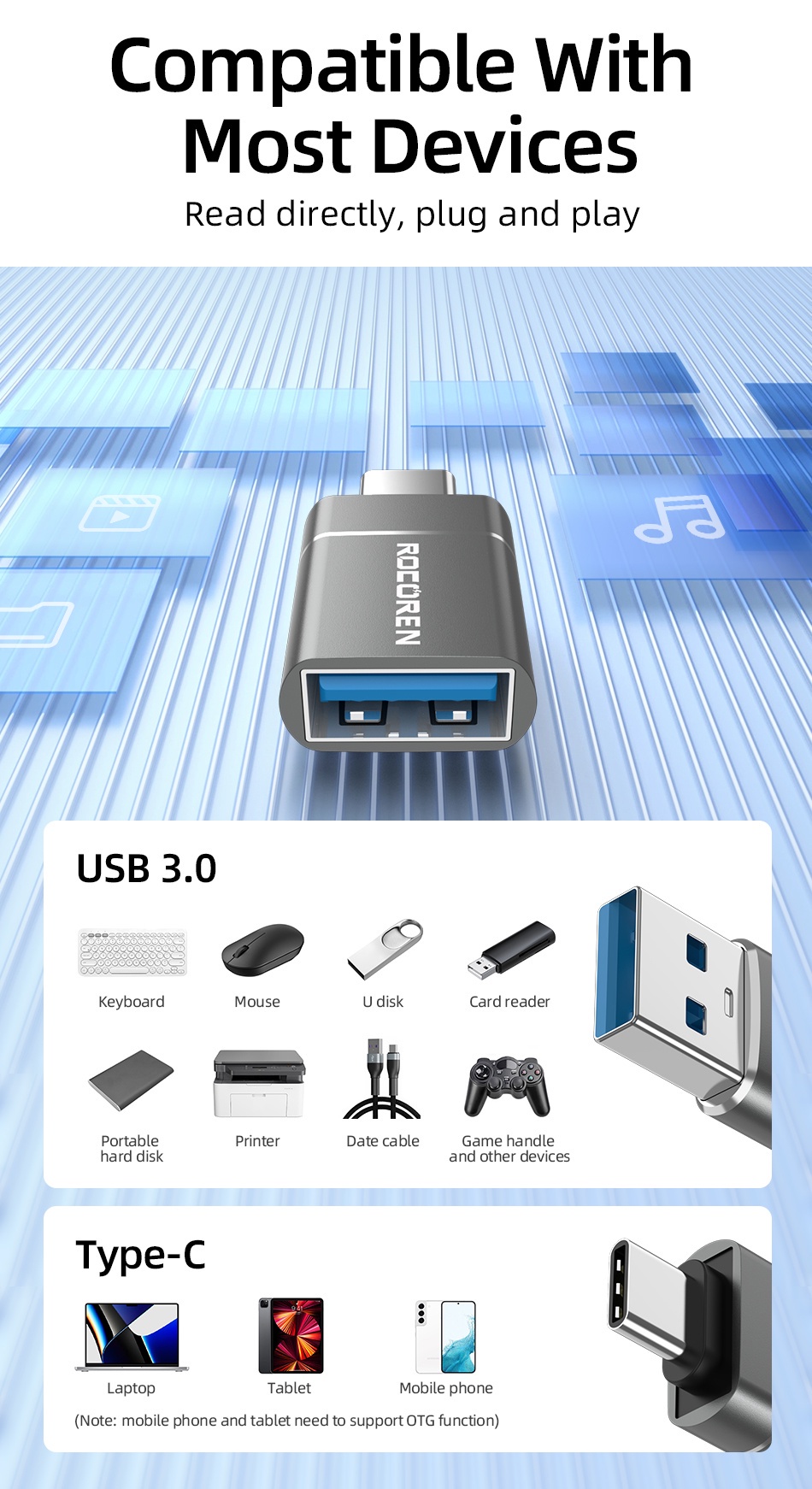 Rocoren OTG Adapter USB Type C Male To USB A 3.0 Female Converter For MacBook Samsung S22 S20 ...