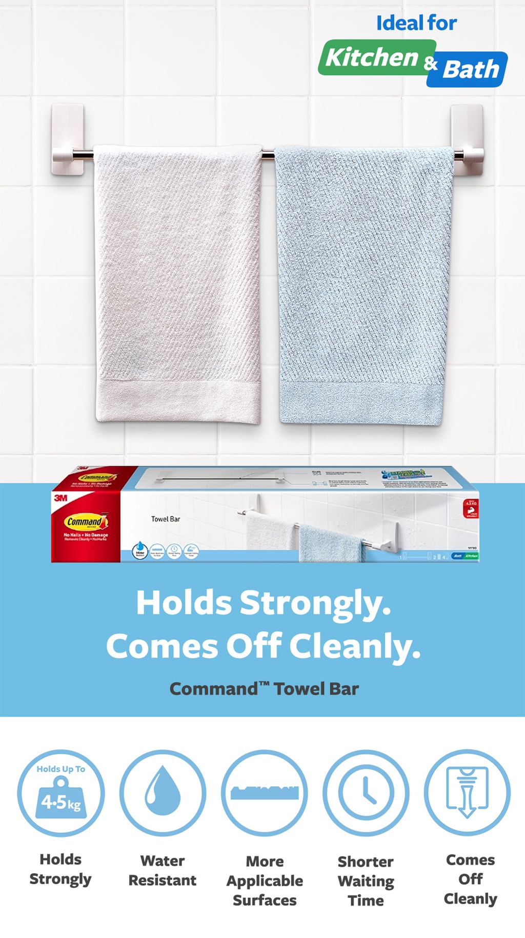 3M™ Command™ Bathroom Towel Bar, 17730, Water Resistant, No Surface ...