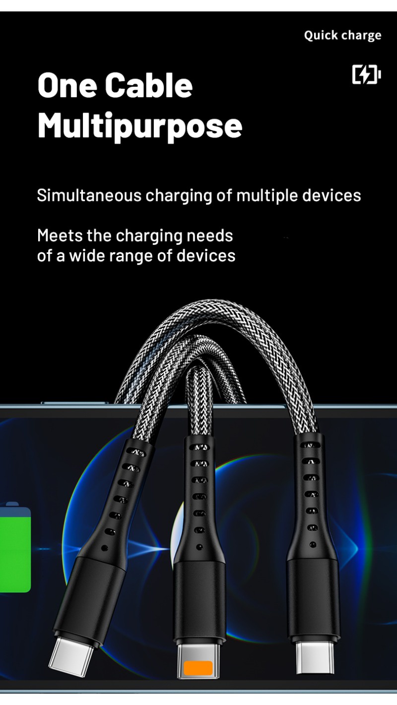 120W 3 in 1 Super Charging Cable Micro USB Type C Fast Charger Type C ...