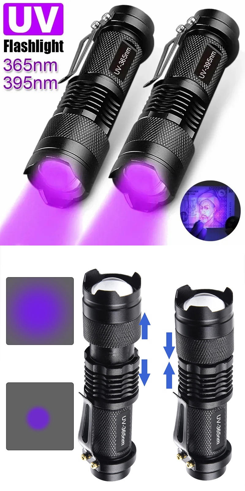 395/365nm Zoomable UV Flashlight / 3 Modes Rechargeable USB LED UV ...