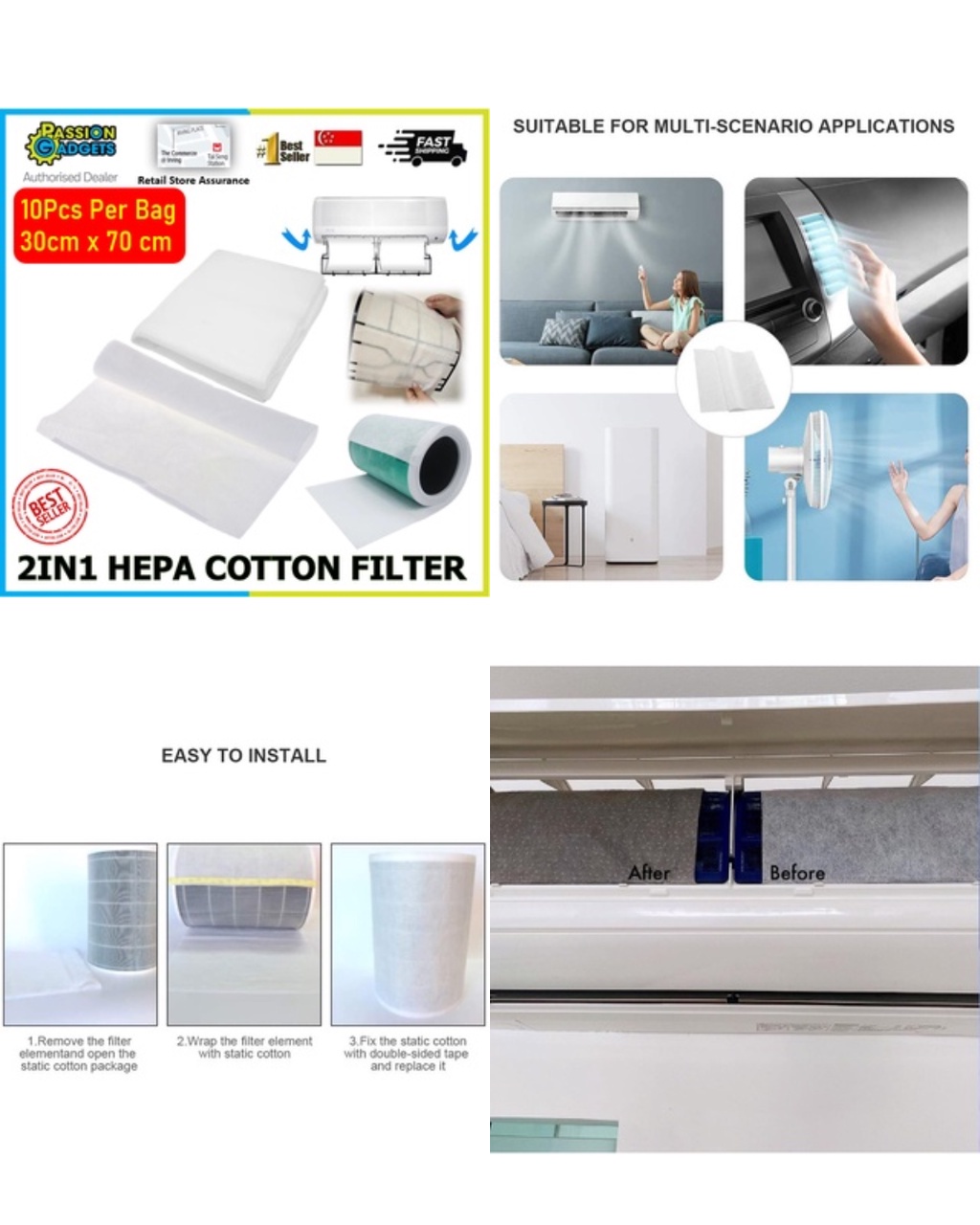 2in1 Hepa Cotton Filter Electrostatic Filtering Net Soot Aircon Filters ...