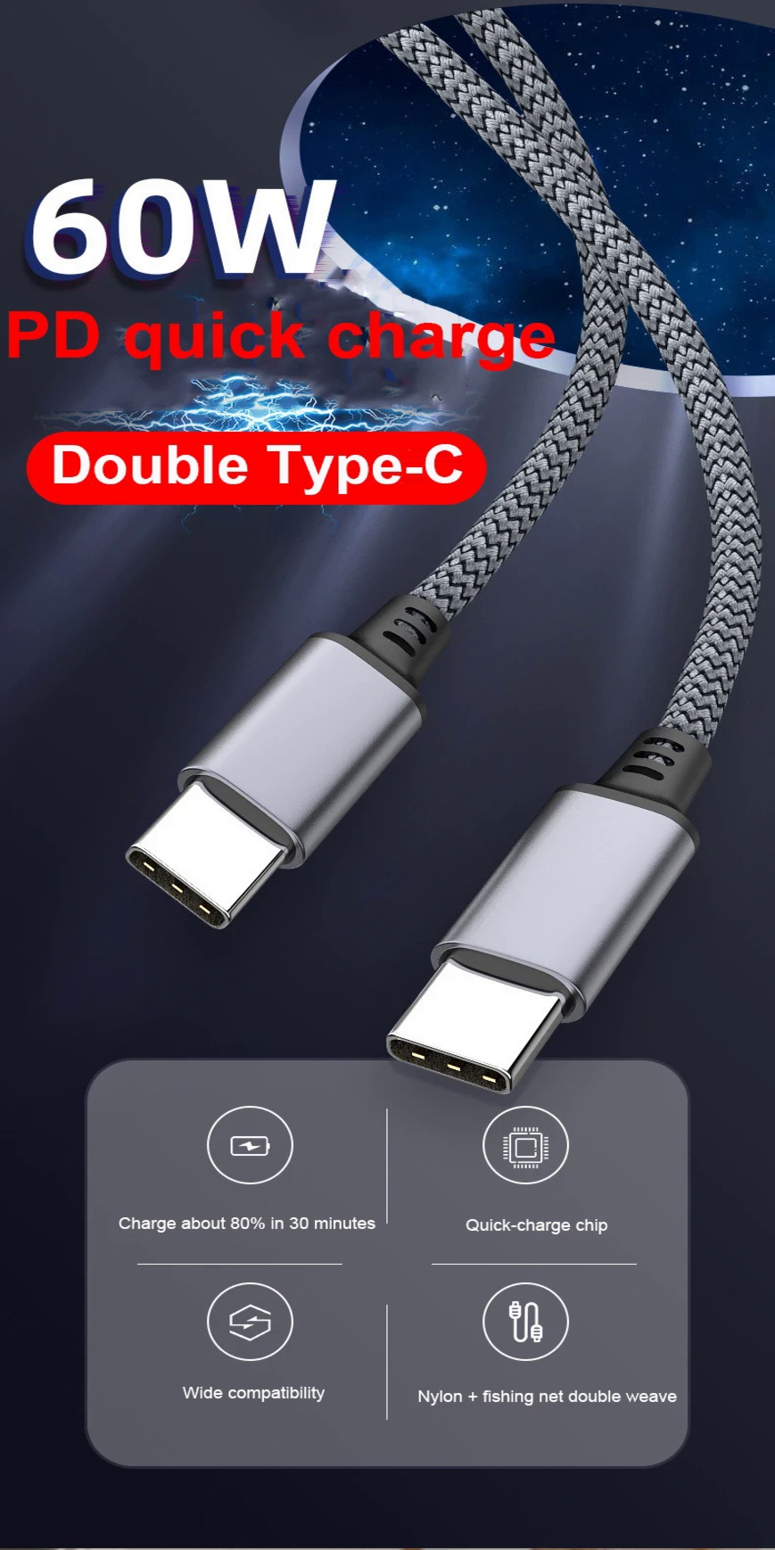 5M/3M/2M/1M Type C To Type C Cable PD60W Fast Charger Universal Data Cable for Phone Laptop ...