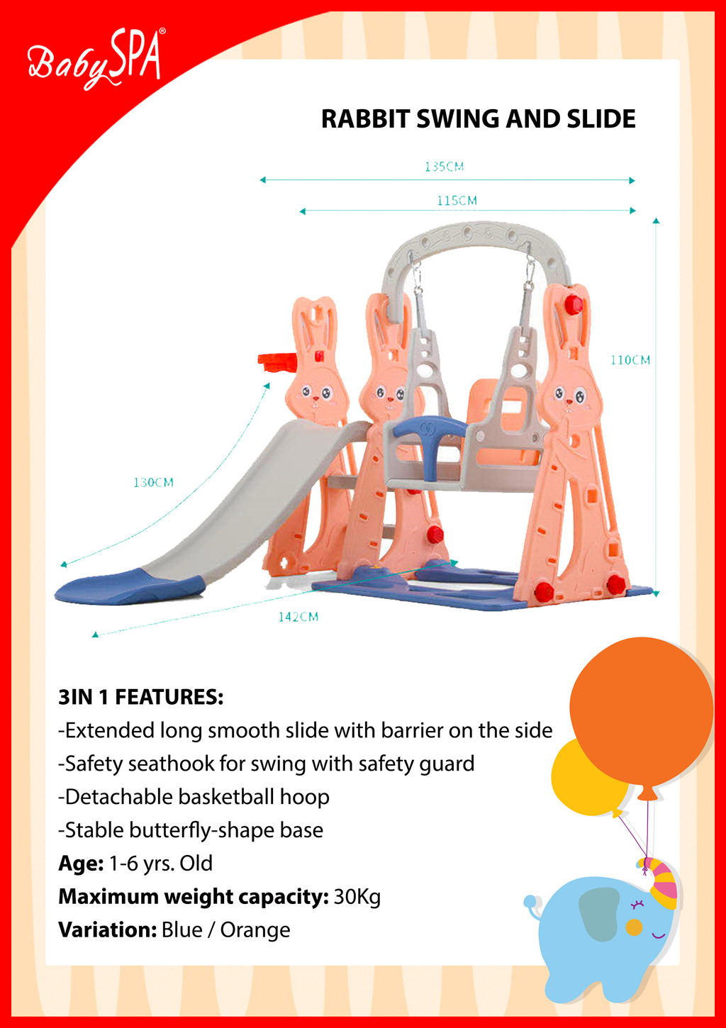 ♥♥♥ 𝐒𝐆 𝐒𝐞𝐥𝐥𝐞𝐫 BabySPA Rabbit Swing and Slide With Basketball Hoop 5 in ...