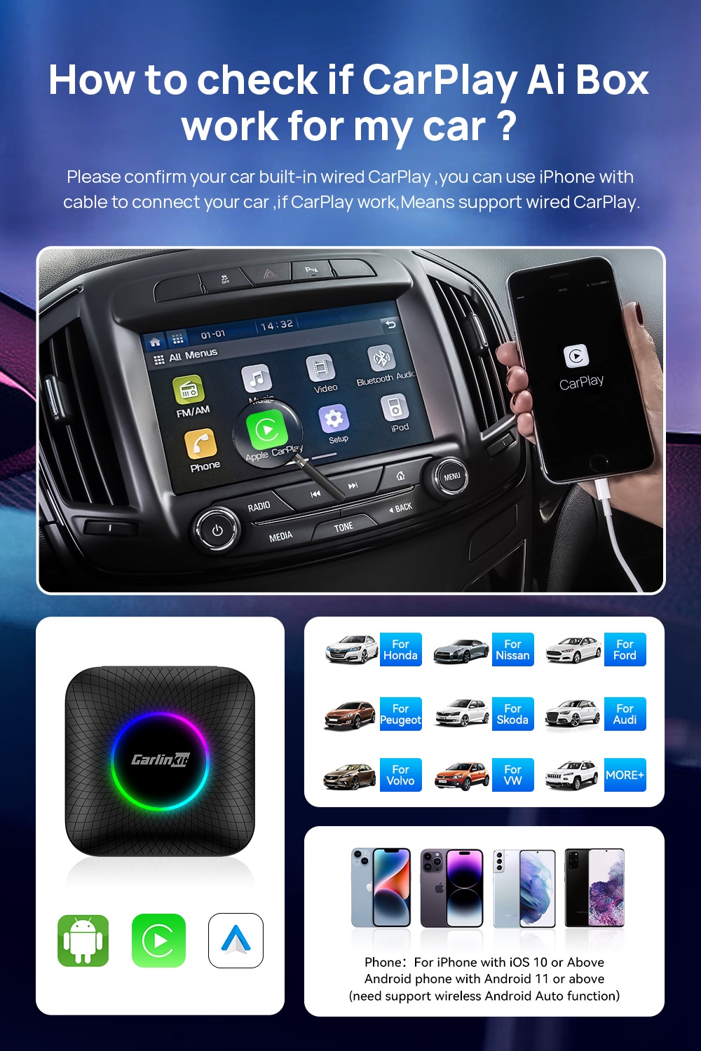 Carlinkit CarPlay Ai Box Plus Android 13 8+128GB QCM 8-Core 6225 Wireless CarPlay Android Auto ...