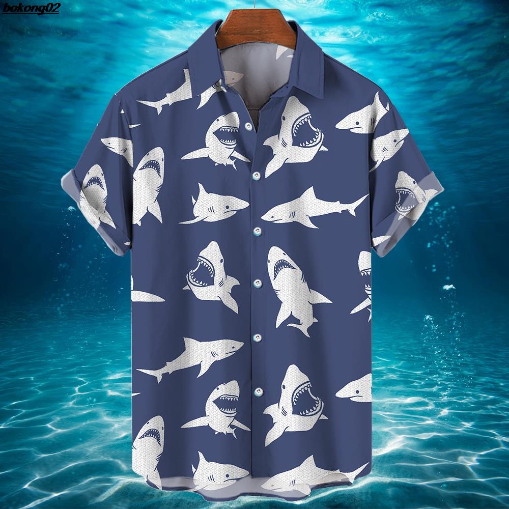 (bokong02) Men's Shirt Ocean Shark Fish Print Short Sleeve Lapel Design ...