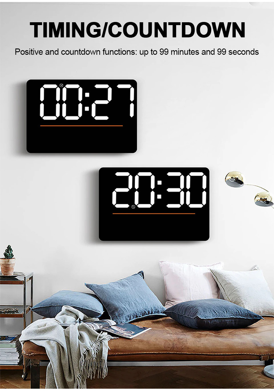 Rectangle LED Screen Alarm Clock Temperature Humidity Week Date Digital Display Wall Clock ...