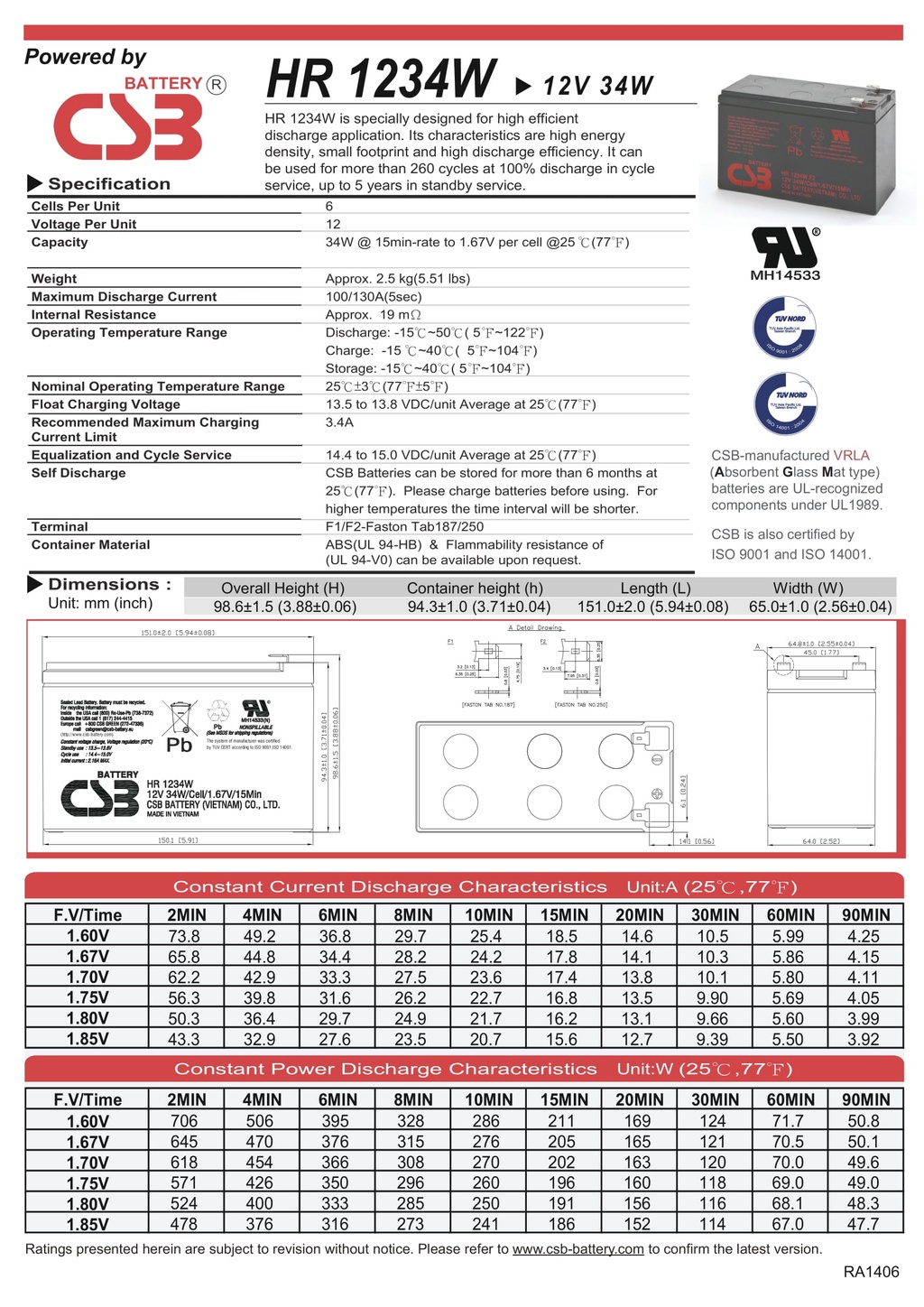 [UPS battery] CSB HR1234W 12V 9Ah UPS /High Rate AGM Battery - VRLA ...