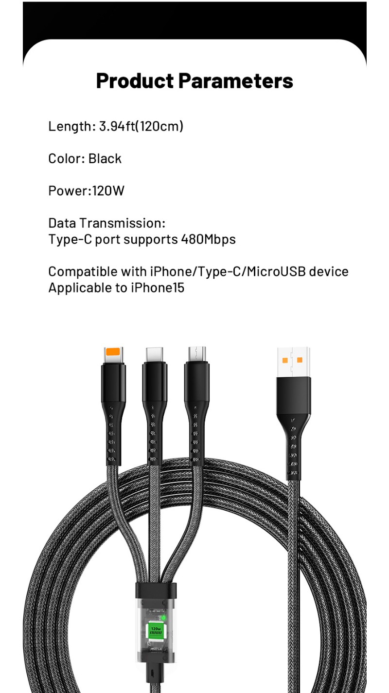 120W 3 in 1 Super Charging Cable Micro USB Type C Fast Charger Type C Cable Data Cable | Shopee ...