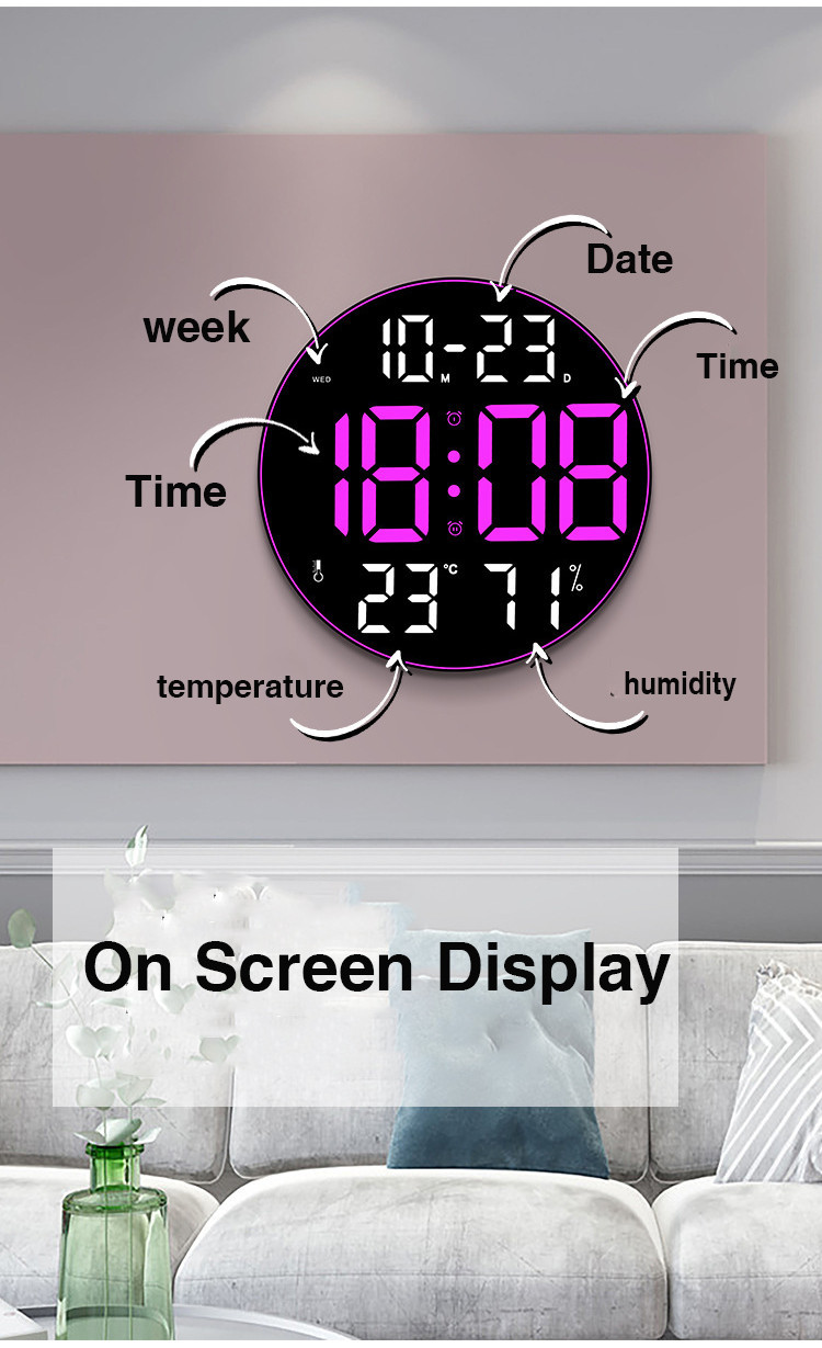 12inch Large Screen LED Round Wall Clock Humidity Temperature Date ...
