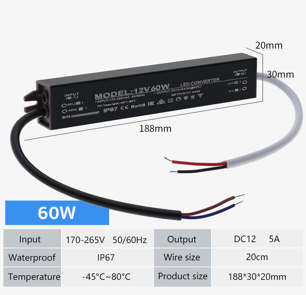 Waterproof LED Driver IP67 Power Supply Lighting Transformer AC170V ...
