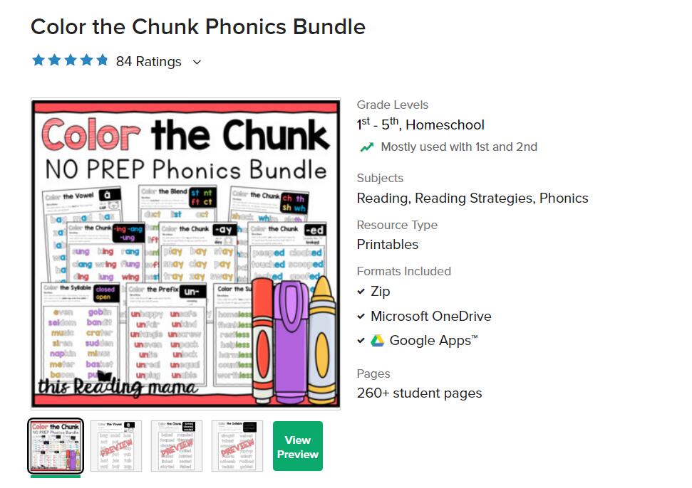 Color the Chunk Phonics Bundle- Worksheets Learning PDF Electronic File ...