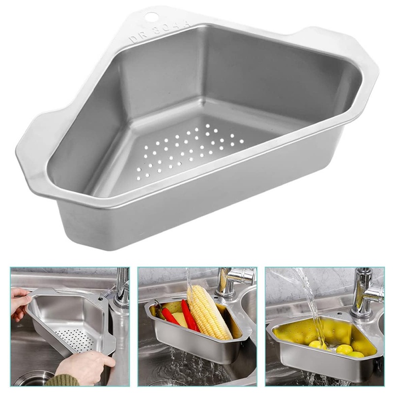304 Stainless Steel Kitchen Sink Drain Basket Triangle Hanging Corner ...