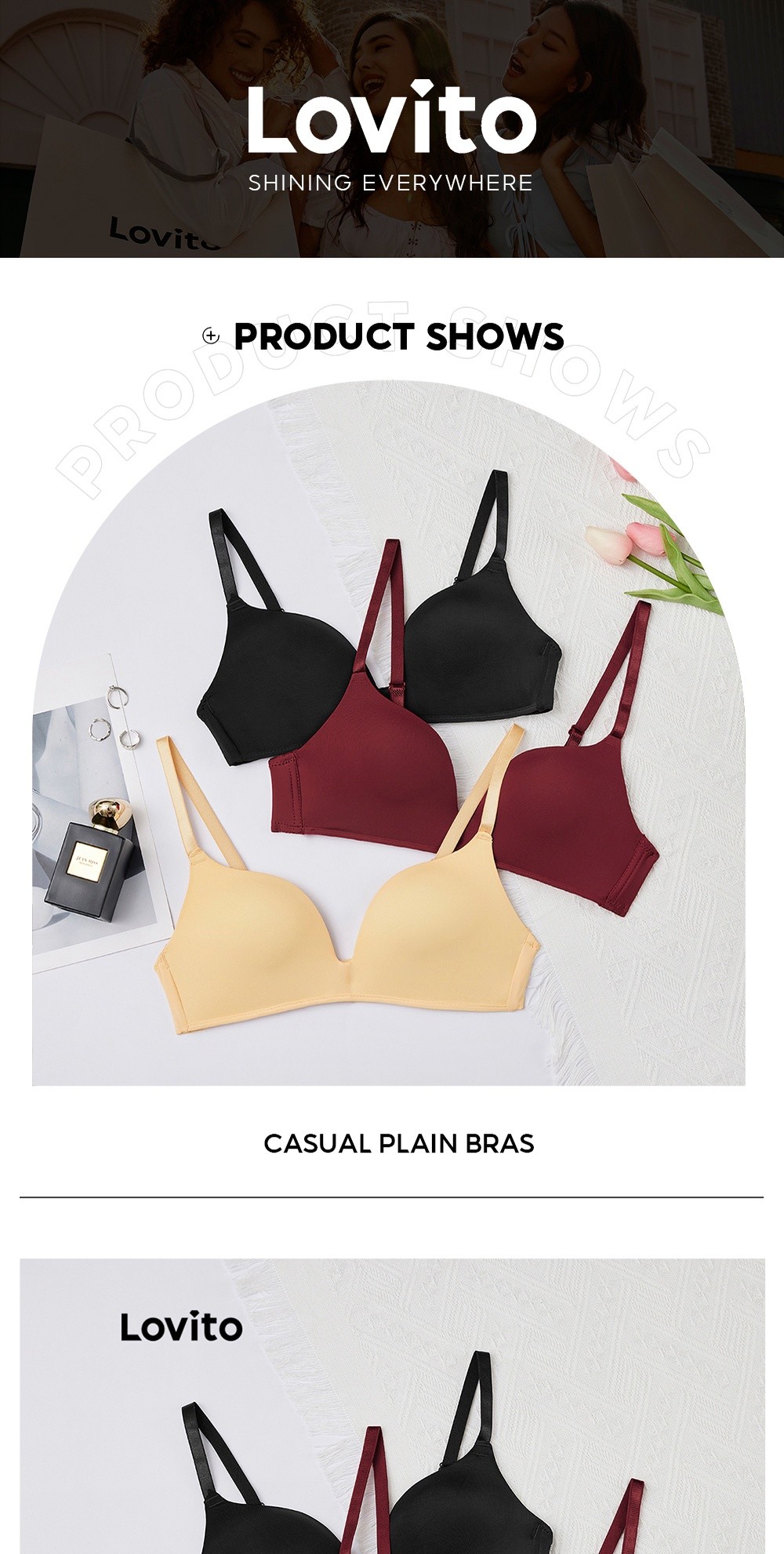 Lovito Casual Bralette Plain Wireless Push Up Full Cup Bras with Non ...