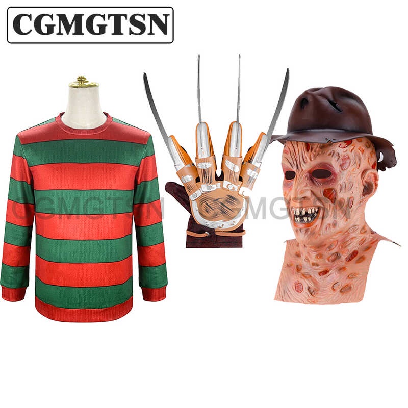 CGMGTSN Freddy Krueger Cosplay Costume Adult Red Green Top Hat Mask ...