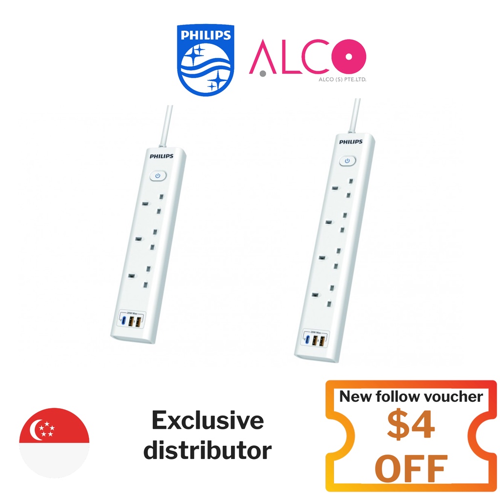 Philips Power Extension Socket, 1 USB-C and 2 USB-A, 20W Max Output ...