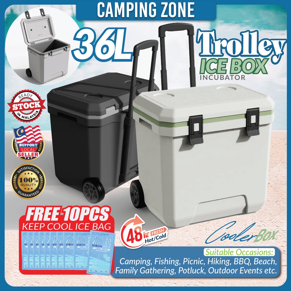 36L Trolley Ice Box Cooler With Wheel Black and White Portable Outdoor ...